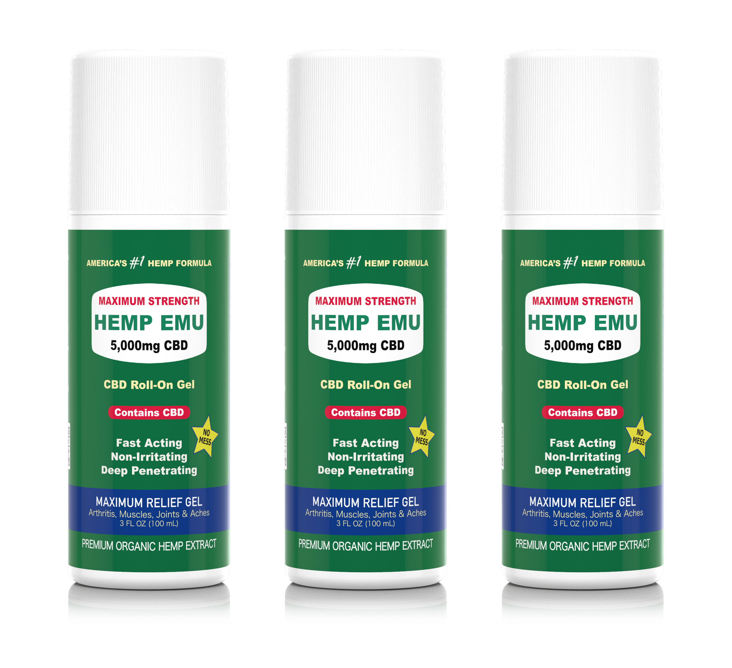 3 Pack Bundle Maximum Strength 5,000mg CBD Roll-On Gel, 3 oz – Hemp Emu™
